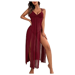 Soly Hux Women's Sexy Split Thigh Mesh Slip Chemise Nightgown Sleeveless V Neck Babydoll Nightdress Valentines Day Sleepwear Solid Burgundy M