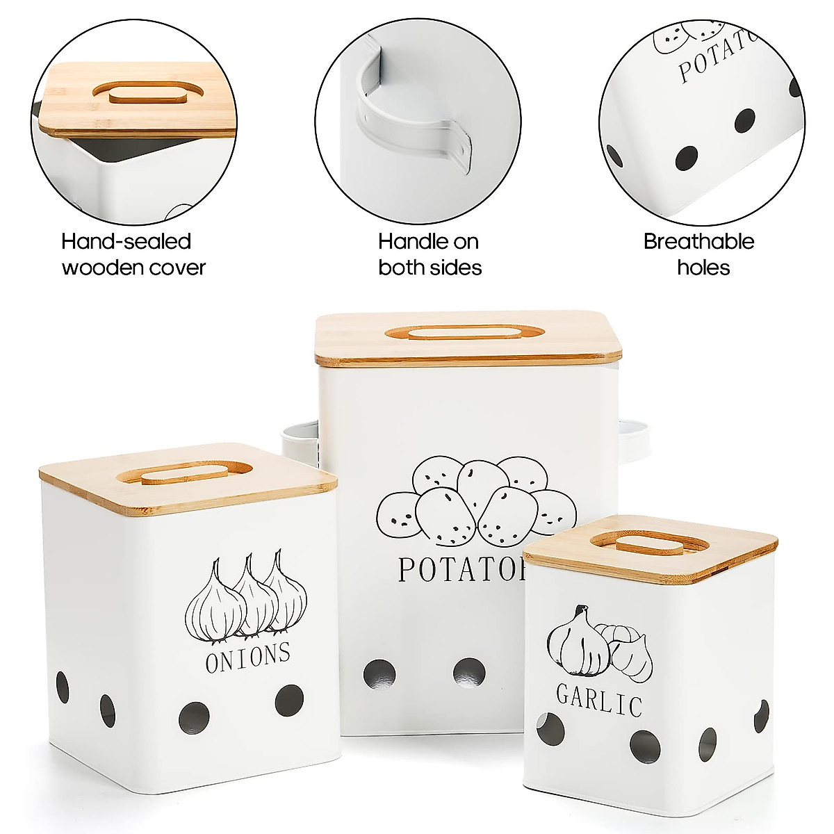 WUWEOT 3 Pack Vegetable Storage Tins, Metal Onion Garlic Potato Jars Set, Kitchen Canisters Vegetable Keeper Containers with Aerating Holes and Wooden Lid