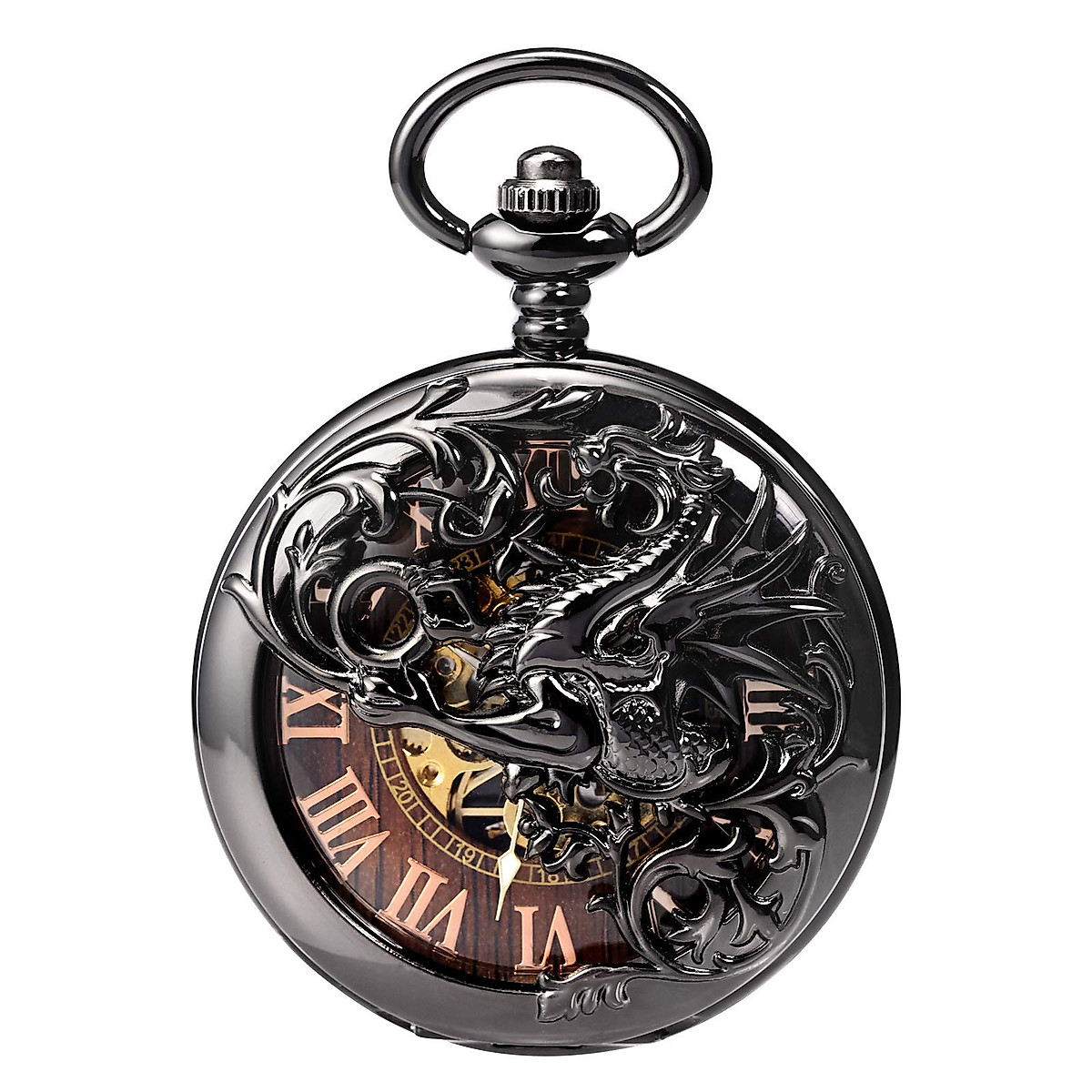 TREEWETO Mens Antique Dragon Mechanical Skeleton Pocket Watch Wooden Roman Numerals Dial Black Double Case Pocket Watches for Men