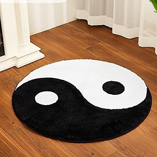 Fabbay Ying Yang Accent Rug Yin Yang Rug Circular Floor Rug Living Room Round Rugs for Bedroom Black and White Washable Rug for Home Bathroom Kitchen Supplies, 35 Inches