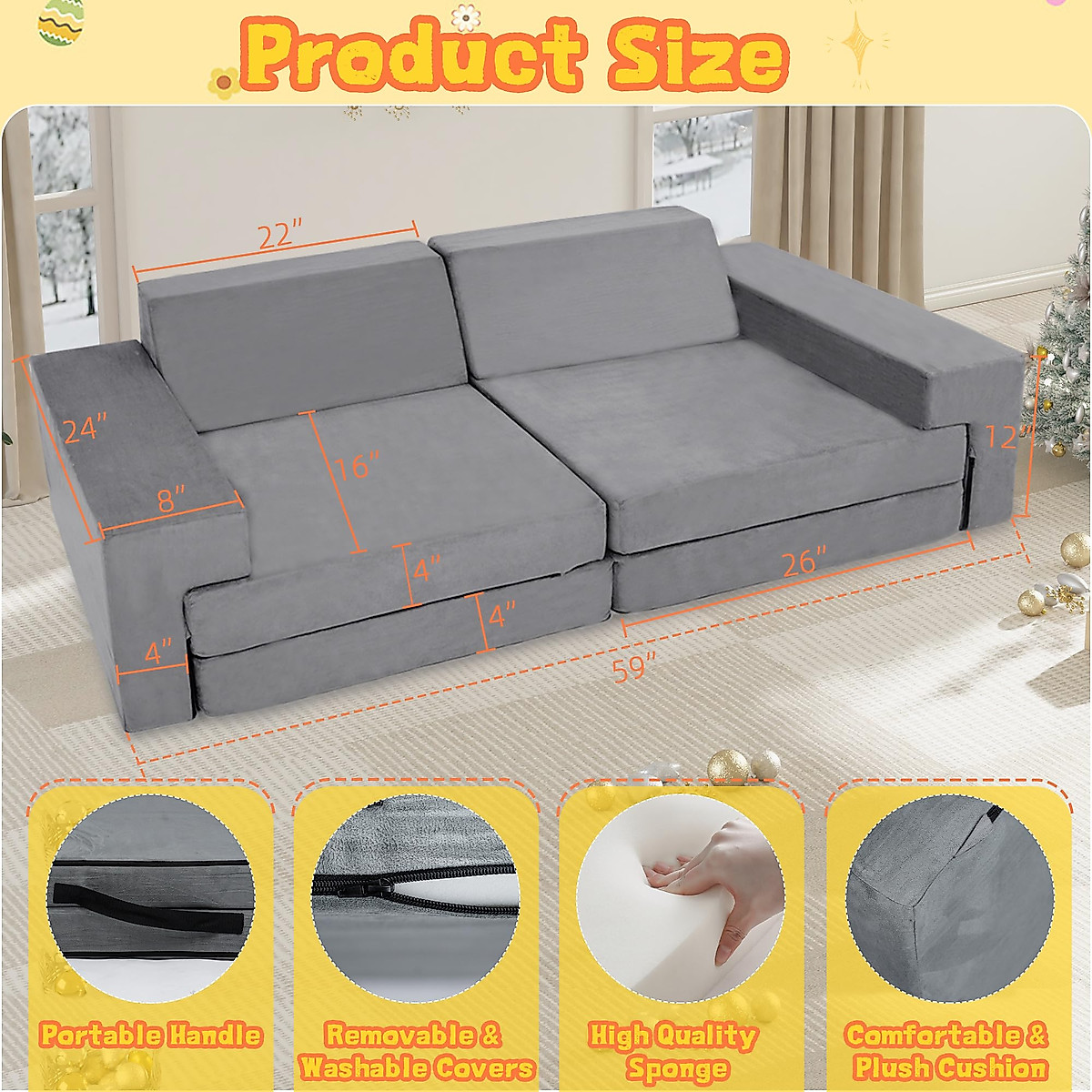LFCREATOR Kids Play Couch,Modular Couch for Toddler and Baby Playroom/Bedroom,Imaginative Convertible Play Couch for Boys Girls.Gift for Kids,Grey