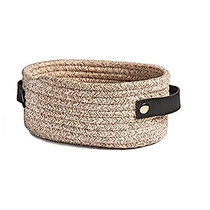 LAVAXI Small Woven Basket with Leather Handle,Oval Storage Basket for Organizing Toys, Keys, Books Coffee 9x 7 Inch