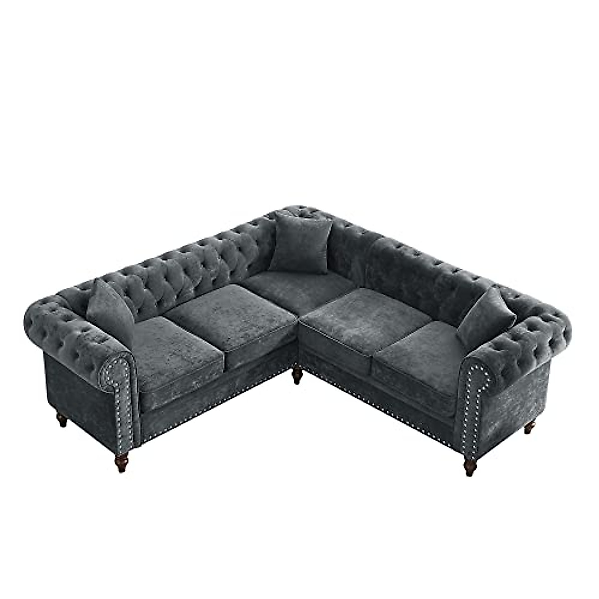 ERYE 80" Symmetrical Sectional, Button Tufted Velvet Upholstered Modular Sofa, Luxury Roll Arm Classic Chesterfield Couch,Nail Head Decor L-Shaped Corner Sofá with 3 Pillows, Grey