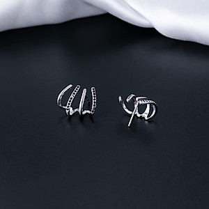 SLUYNZ 925 Sterling Silver Color CZ Cuff Earrings Studs for Women Claw Huggie Earrings Piercings Wrap (D-Black)