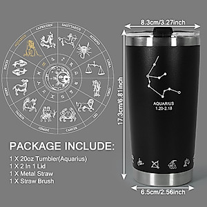 sweet grain 20oz Coffee Tumbler - Stainless Steel Double Wall Insulated Constellation Tumbler with Lid and Straw, Personalized Zodiac Gifts for Birthday/Bachelor Party - Aquarius