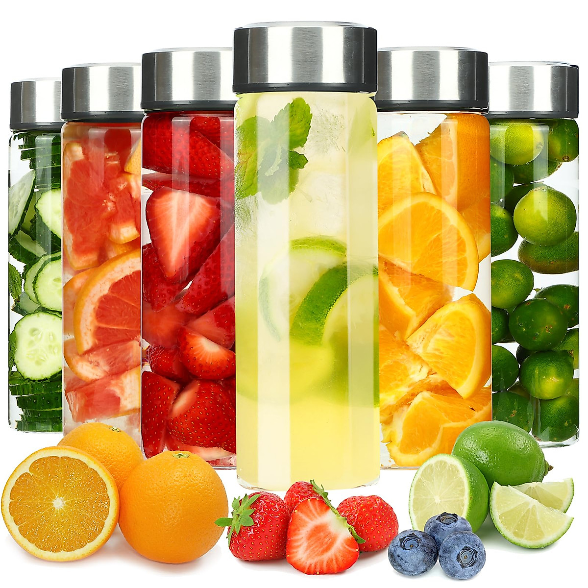 Moretoes 16oz Glass Juice Bottles, 6pcs Glass Bottles with Lids, Glass Water Bottles for Juicing, Glass Shaker Bottle with Stainless Steel Lids for Juices, Drinks, Smoothies