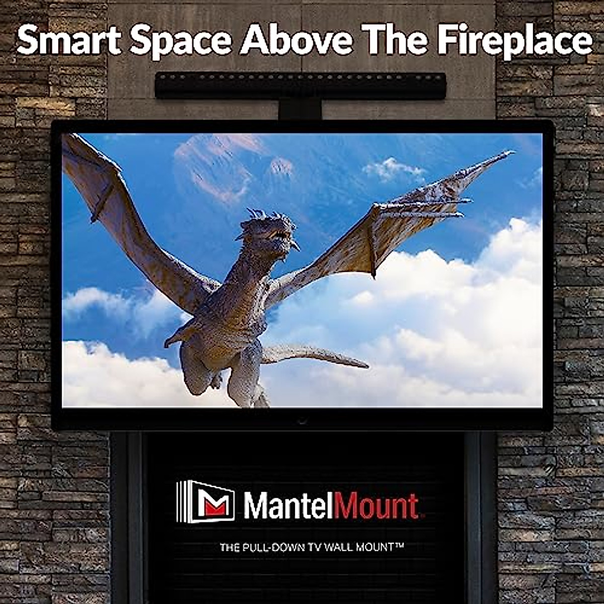 MantelMount MM340 Above Fireplace Pull Down TV Mount - with Patented auto-straightening, auto-stabilization, 2 Gas Pistons, Adjustable Motion Stops, Wire tabs & Safety Pull-Down Handles