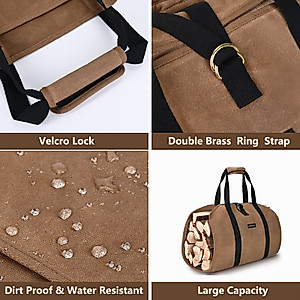 Firewood Carrier,Large Wood Carrying Bag with Handles Fireplace Log Carriers & Holders,Security Strap Camping Wear-Resistant & Dirt-Proof Waxed Canvas Indoor Stand Brown(Double Brass Rings)