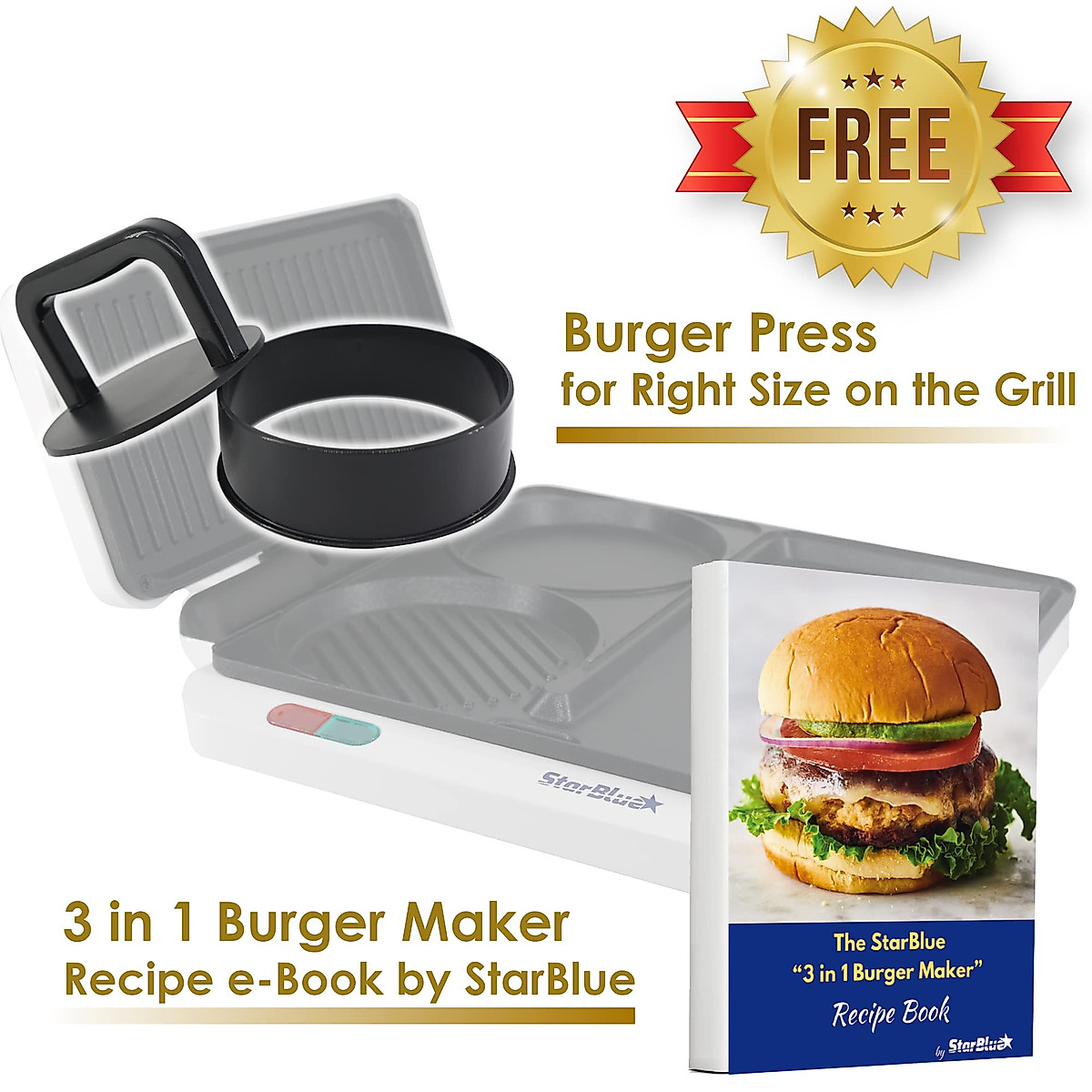 Hamburger Grill Maker by StarBlue with FREE Burger Press and Recipes eBook - Portable and Multipurpose Machine AC120V 60HZ 1000W