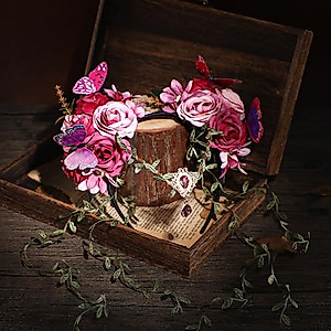 MOSTORY Purple Fairy Flower Crown - Elf Woodland Headpiece Floral Vine Headband Forest Hairband with Butterfly Fairy Costume for Women Renaissance Renfaire Party Cosplay Photo Shoot