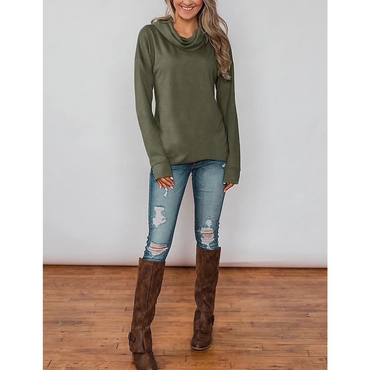 Minthunter Women's Long Sleeve Pullovers Cowl Neck Tunic Shirt Casual Sweatshirt Tops Olive