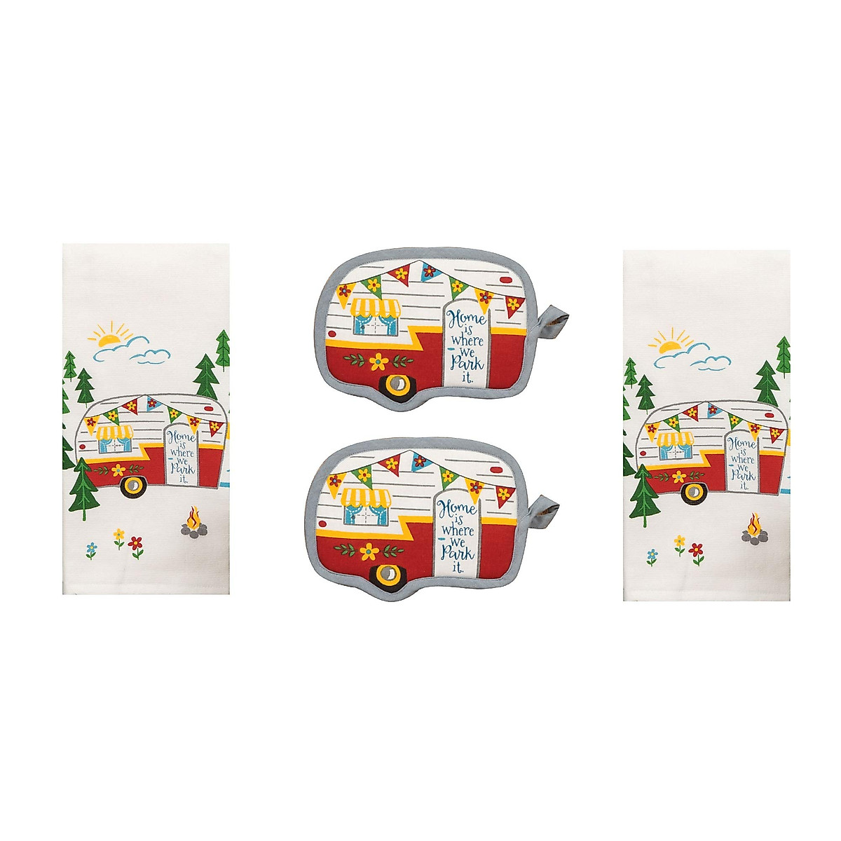 4 Piece Home Is Where We Park It Happy Camper Kitchen Towel Bundle, 2 Towels and 2 Potholders
