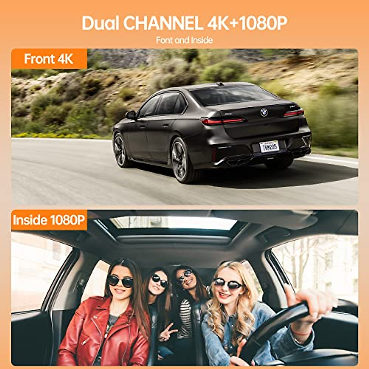 3 Channel 4K Dash Cam Front and Rear Inside with 64GB SD Card, 4K+1080P Dash Camera Front and Inside, Triple Car Camera 2K+1080P+1080P with IR Night Vision, WDR, 170°Wide Angle, Parking Monitor