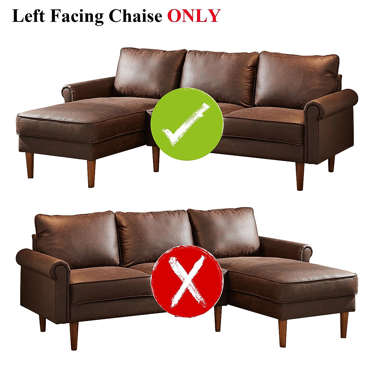 HOOOWOOO 81.51" L Shaped Couch Mid Century Modern Sectional Couch Brown Faux Leather Sofa with Left Chaise 3-Seater Rolled Arms Solid Wood Frame for Living Room Apartment,Chocolate Brown