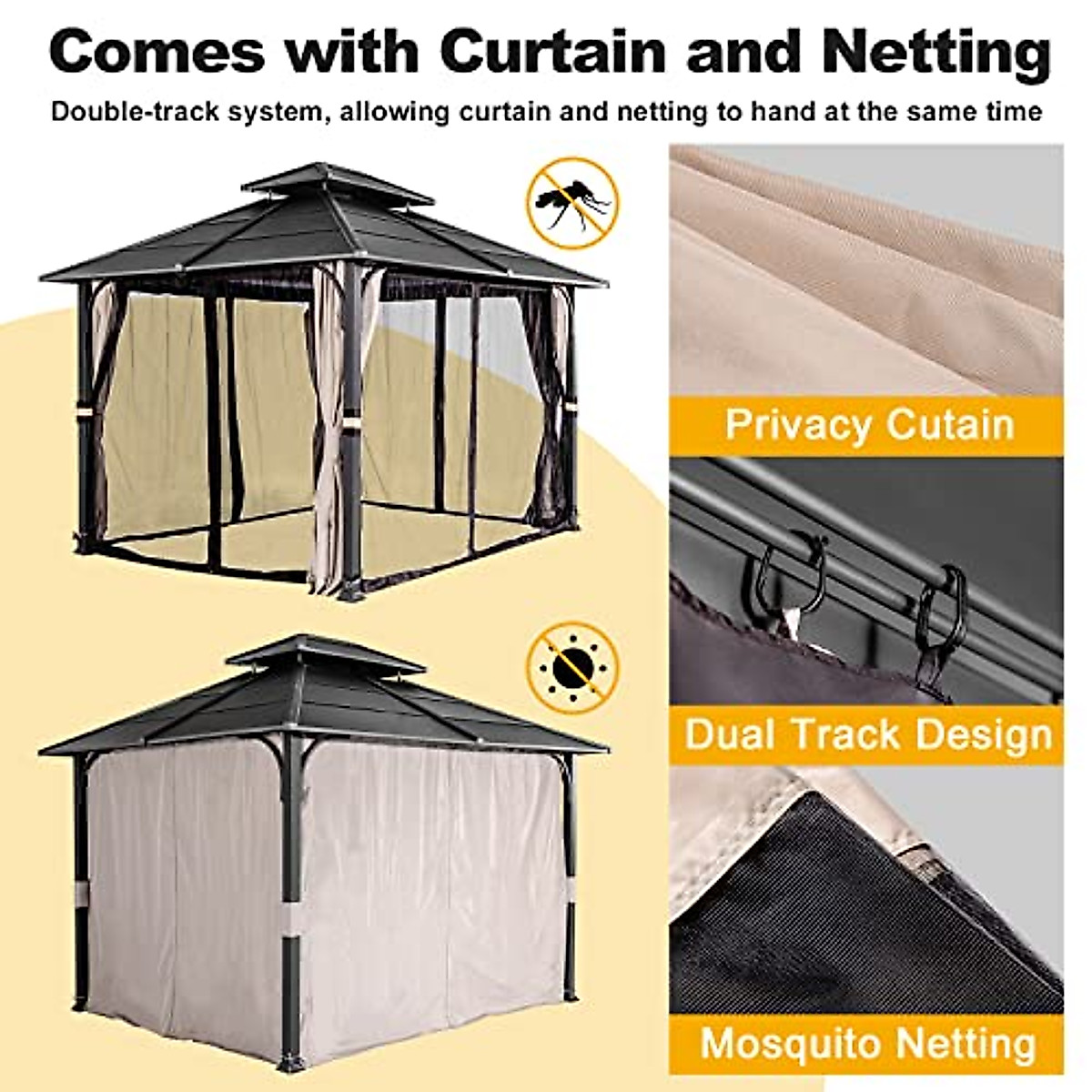 OLILAWN Gazebo 10x12, Outdoor Hardtop Gazebo with Durable Metal Frame, Galvanized Steel Double Top Gazebo With Ventilation, All-Weather Metal Gazebo with Netting and Curtains, For Patios Gardens Lawns