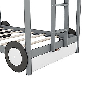 P PURLOVE Car Shaped Bunk Bed Twin Over Twin with Wheels and Shelves, Bunk Bed Frame with Ladder and Drawer, Wooden Bunk Bed for Boys, Girls and Young Teens, No Box Spring Needed (Gray)
