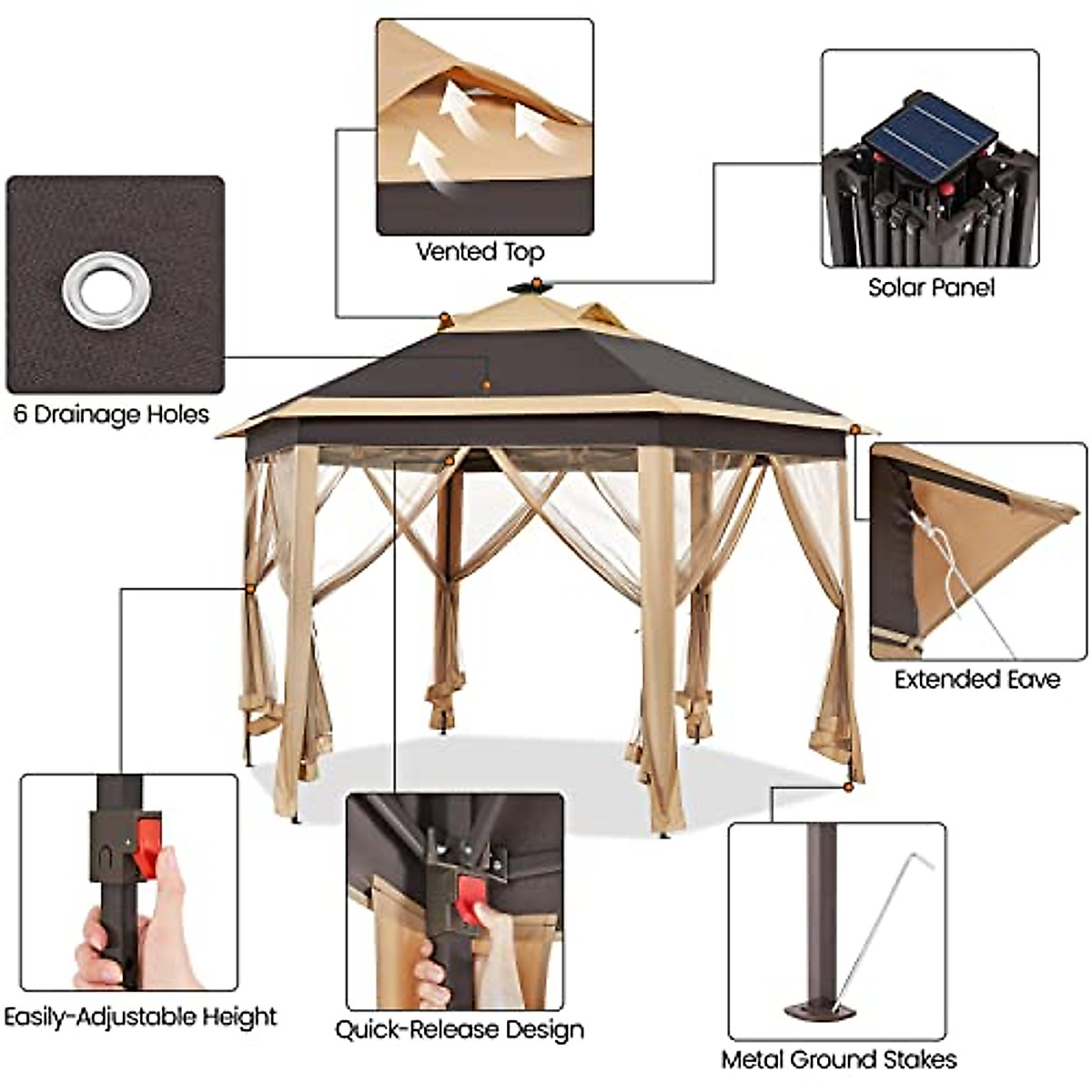 Yaheetech 13′ × 13′ Pop-Up Patio Gazebo Tent W/Mesh Netting Sides & 25 Solar LED Lights, Hexagonal Double Vented 3 Height Adjustable Gazebo with Storage Bag for Backyard, Garden, Lawn, Khaki & Brown