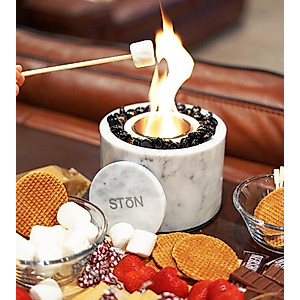 Stonhome Tabletop Fire Pit Bowl - The Original Marble Portable Fireplace, Indoor Outdoor, Mini Fire Pit Clean Burning Real Flame for Patio Balcony, S’Mores Maker (White)