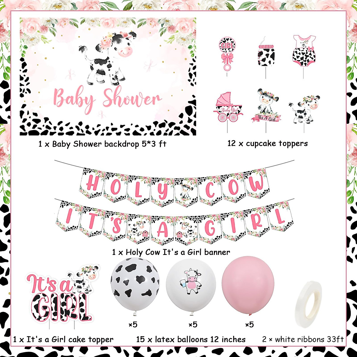 Pink Cow Baby Shower Decorations - Pink Cow Baby Shower Backdrop, Holy Cow It’s a Girl Banner, Cow Theme Cake Cupcake Toppers, Cow Print Balloons for Farm Animal Cow Themed Baby Shower Decorations