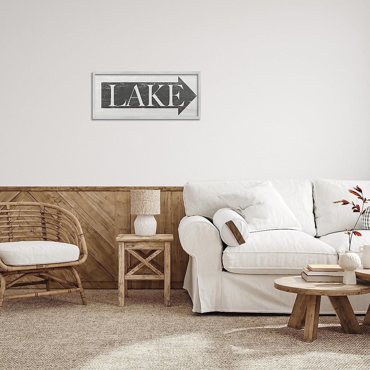 Stupell Industries Lake Arrow Sign Grey and White Distressed, Design by Daphne Polselli Gray Framed Wall Art, 10x24