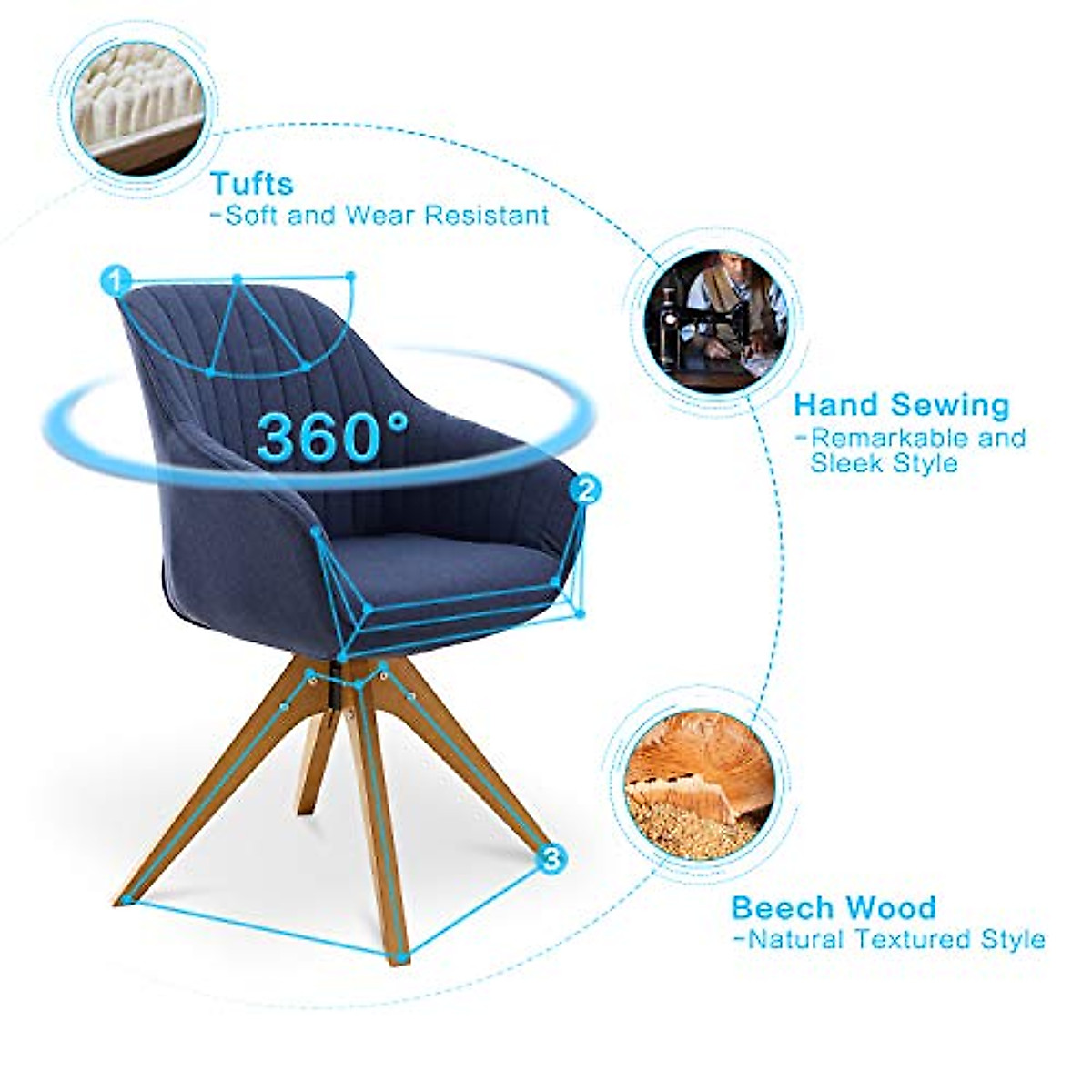 Art Leon Mid Century Modern Swivel Accent Chair with Arms, Beech Wood Legs Upholstered Computer Desk Chair for Small Spaces Home Office Living Room Bedroom, Royal Blue