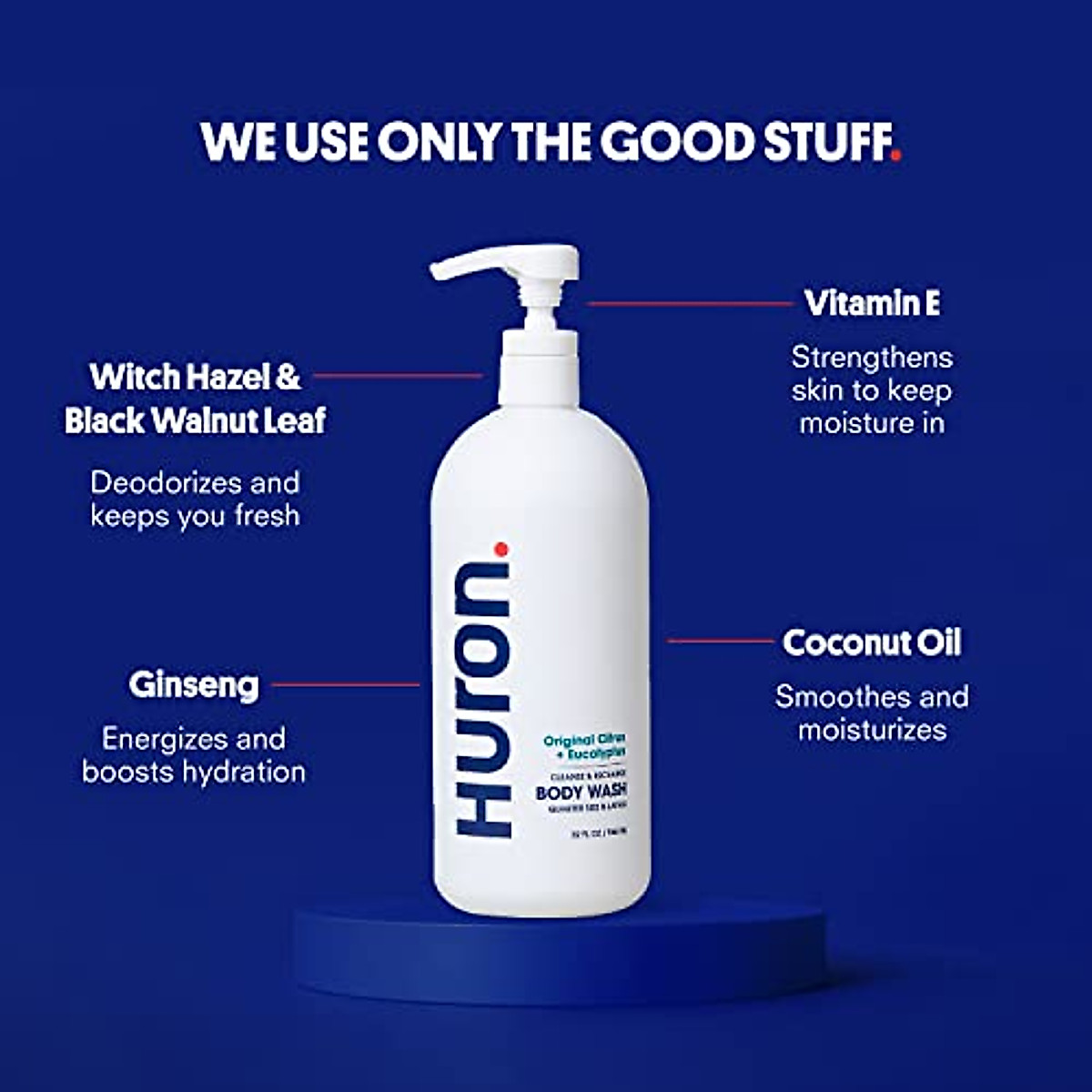 Huron Men's Moisturizing Body Wash - Crisp & Invigorating Scent of Citrus, Eucalyptus, Mint, & Aromatic Greens - Made With Coconut Oil, Vitamin E & Witch Hazel - 32 fl oz