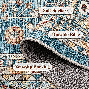 Area Rugs for Living Room: 5x7 Rug for Bedroom Machine Washable with Non Slip Backing Non Shedding, Boho Medallion Floral Large Carpet for Dining Room Nursery Home Office Indoor Decor Blue/Red