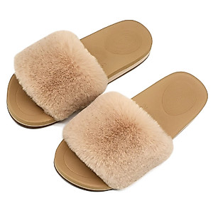 COFACE Fuzzy Slippers for Women Open Toe Fluff Womens House Slippers with Arch Support Plantar Fasciitis Orthotic Orthopedic Woman Slippers Size 7 Indoor Faux Fur Slides