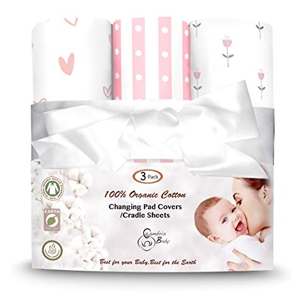 Cambria Baby 100% Organic Cotton Changing Pad Covers or Cradle Sheets with Reinforced Safety Strap Holes. Soft, Pre-Shrunk, and Machine Washable. Girl 3 Pk