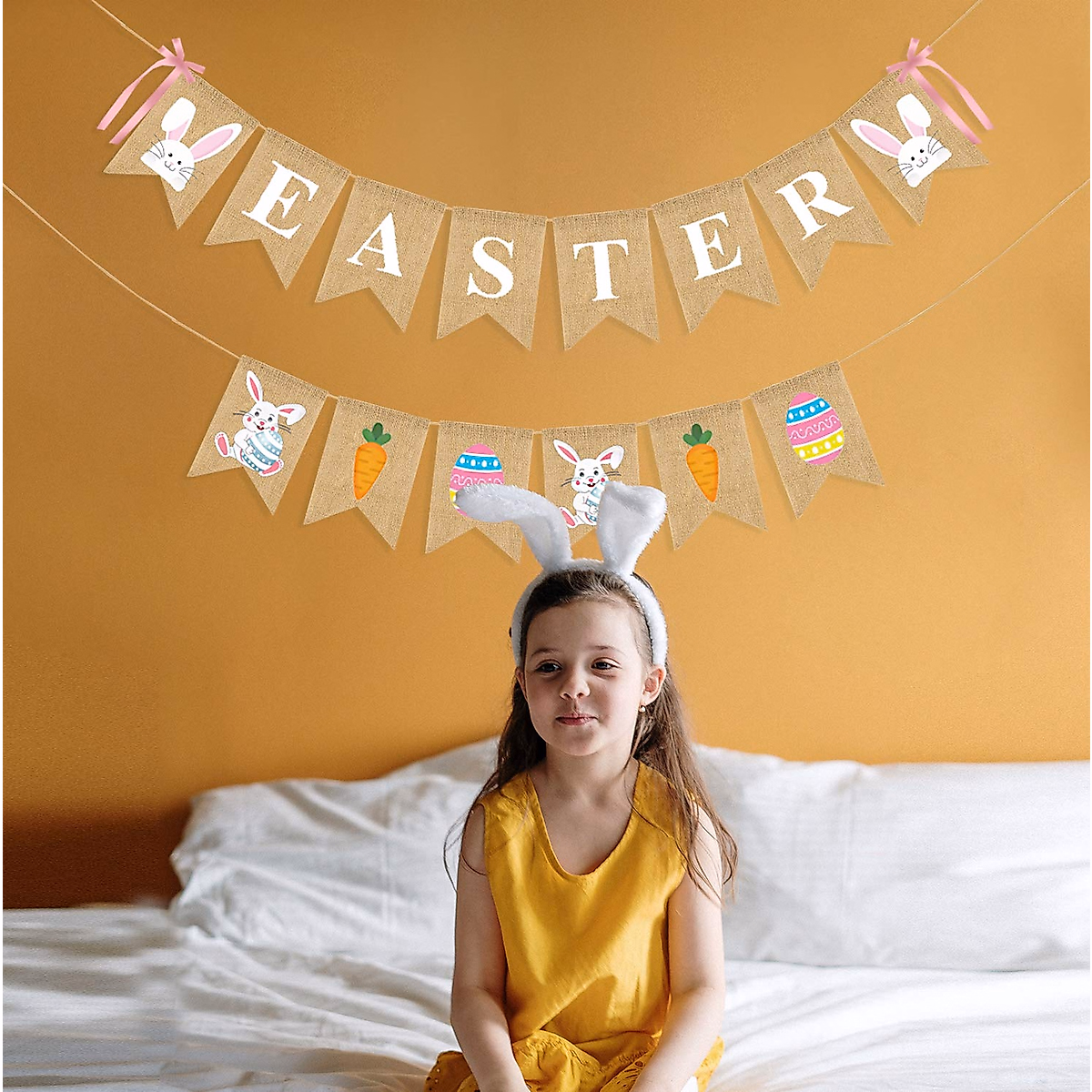 JOZON Easter Burlap Banner and Bunny Easter Eggs Carrot Burlap Banner Easter Banner Garland with Bunny Rabbit Signs and Bows Easter Decorations Party Decor for Easter Spring Party Supplies