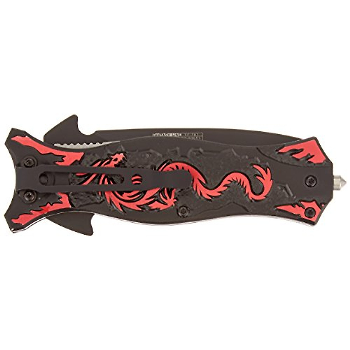 Tac-Force- Spring Assisted Folding Pocket Knife – Black Partially Serrated Blade, Black Aluminum Handle w/ Red Dragon Design, Glass Punch and Pocket Clip, Tactical, EDC, Rescue - TF-707RD