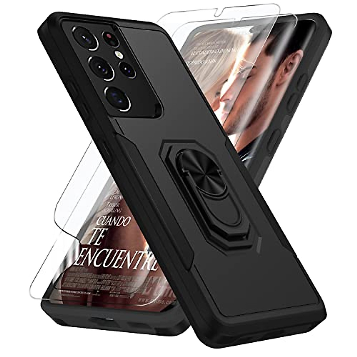 YmhxcY Samsung S21 Ultra Case with 2 Pack 3D Curved Screen Protector, [Military-Grade] 360°Finger Ring Holder Shockproof Protective Case -Black