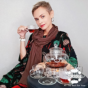 Adorable Full Glass Kettle Teapot Set with Removable Infuser Strainer and 4 Cups and Saucers and Heart Shaped Candle Holder Warmer Heating Base for Tea Blooming Loose Leaf Home Women Gift