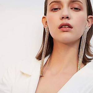 fxmimior Fashion Women Long Rhinestones Tassel Earrings Gold Bohemian Long Chain Drop Dangle Earrings Jewelry for Women