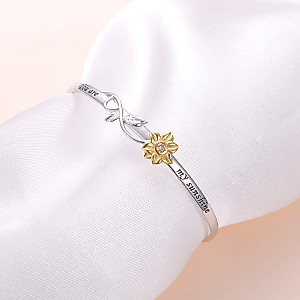 S925 Sterling Silver Sunflower with CZ Engraved You Are My Sunshine Bangle for Women 18" (Bangle)