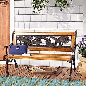 Metal Outdoor Bench Patio Bench Cast Iron Steel Frame Garden Bench Patio Furniture Chair Outdoor Wood Bench w/Animal Pattern Design Backrest, Wood Slatted Seat for Yard, Porch, Bronze