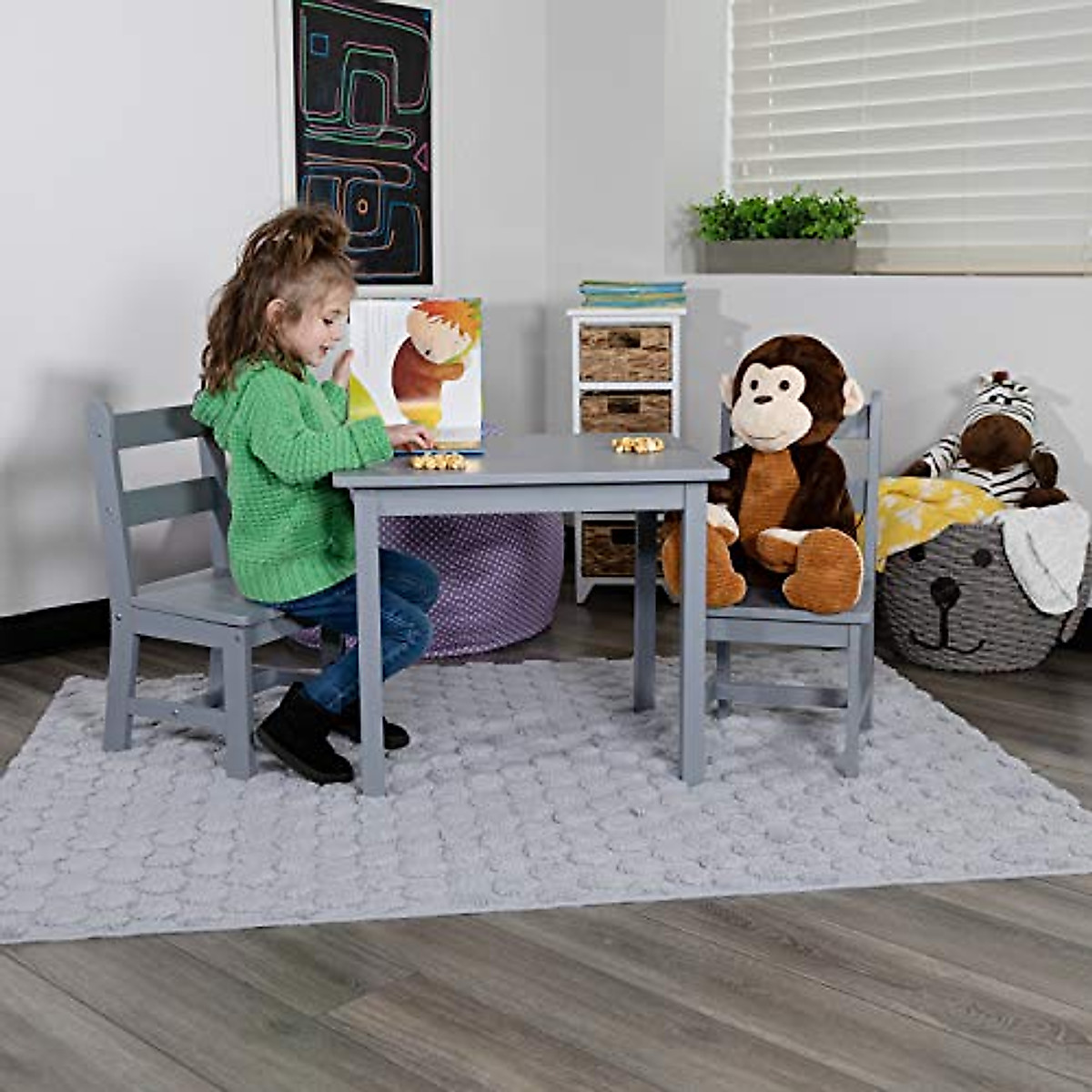 Flash Furniture Kyndl Kids Solid Hardwood Table and Chair Set for Playroom, Bedroom, Kitchen - 3 Piece Set - Gray