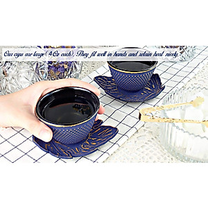 KIYOSHI Luxury 7PC Japanese Tea Set."Midnight Blue Koi" Cast Iron Tea Pot with 2 Tea Cups, 2 Saucers, Loose Leaf Tea Infuser and Teapot Trivet. Ceremonial Matcha Accessories