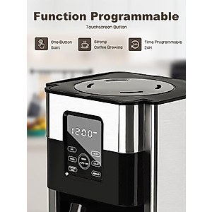 Homtone Coffee Maker 12 Cup Programmable, Anti-Drip Digital Coffee Machine, Brew Strength Control Coffee Maker for Hot Coffee, Stainless Steel, LCD Touch Screen, Permanent Filter, 1000W