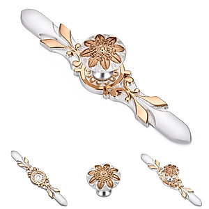 Aandxmok 10 Pack Round Ivory White Gold Knobs and Plates - 1.16” Knob & 5.8” Plate - Boho Cabinet Knobs for House Furnitures Decorative Flower Look, Metal Cabinet Desk Knobs