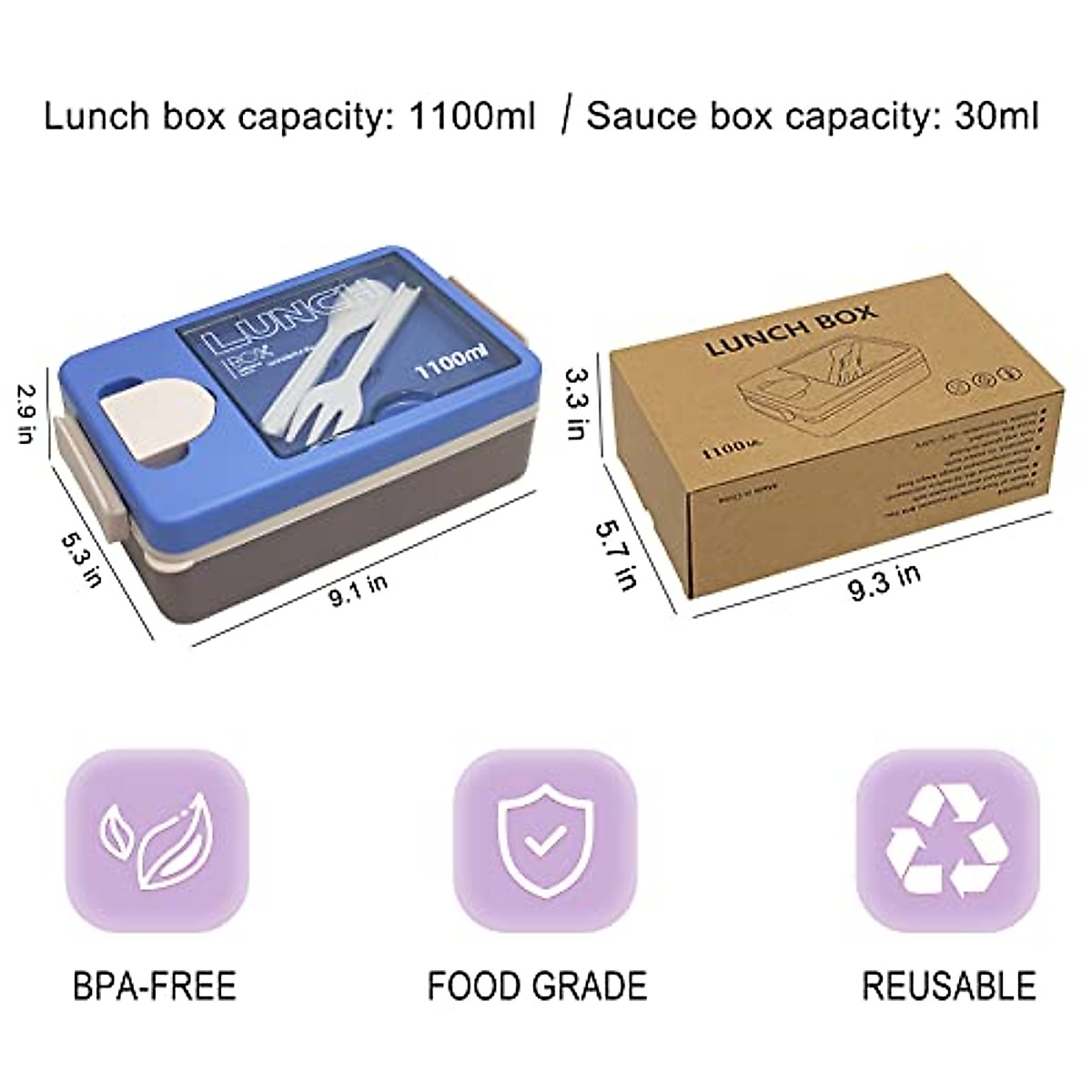 Bento Box For Adults, 3 Compartment Bento Box Lunch Box Leak Proof, Bento Box With Sauce Container, 1100ml Modern Bento Box With Utensils, BPA-Free/Microwave/Dishwasher Safe Bento Box