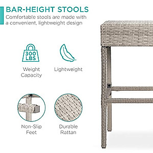 Best Choice Products 5-Piece Outdoor Wicker Bar Table Set for Patio, Poolside, Backyard w/Built-in Bottle Opener, Hidden Storage Shelf, Metal Tabletop, 4 Stools - Gray