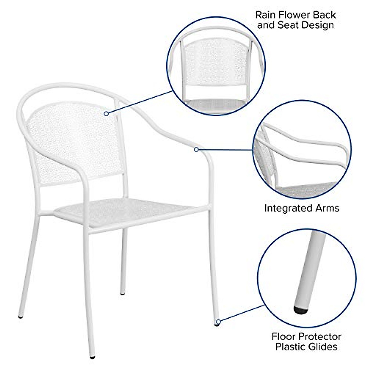 EMMA + OLIVER Commercial Grade White Indoor-Outdoor Steel Patio Arm Chair with Round Back
