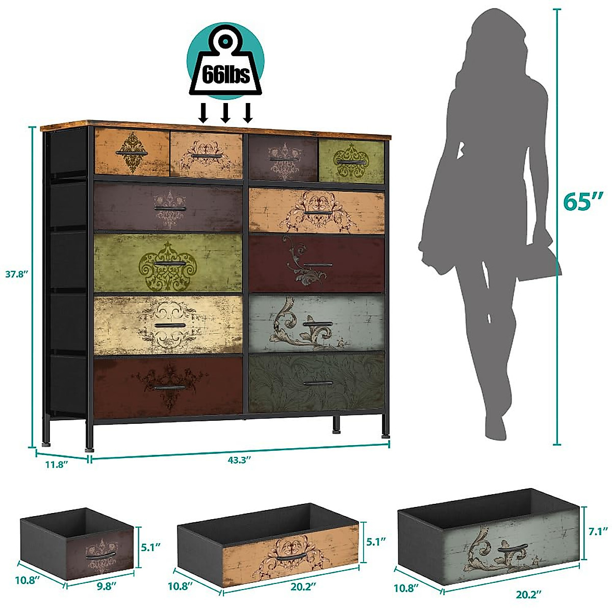 VASICAR Dresser for Bedroom with 12 Drawers, Tall Fabric Drawer Dresser, Chest of Drawers for Closet, Nursery, Bedside, Living Room, Entryway, Hallway (Pattern)