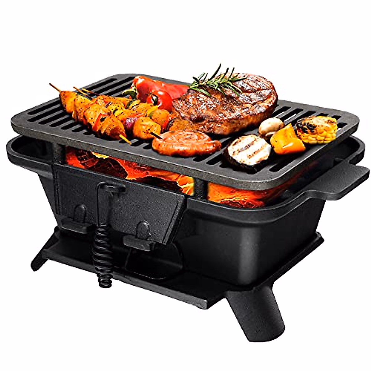ORALNER Cast Iron Hibachi Grill, Portable Tabletop Grill with Double-Sided Grill Net, 2 Heights, Air Control & Coal Door, Small Outdoor BBQ Charcoal Grills, for Camping, Picnic