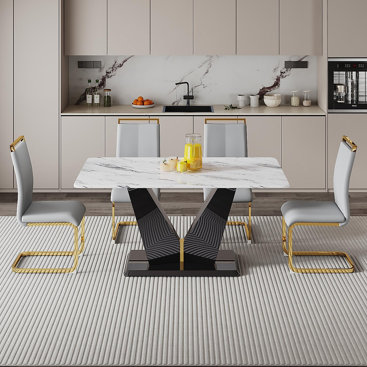 Pvillez 63 inch Marble Dining Table, Modern Dining Table for 4 6 People, Kitchen Table with Rectangular White Faux Marble Top & V Shape Pedestal Base Dinner Table for Dining Room Kitchen Living Room