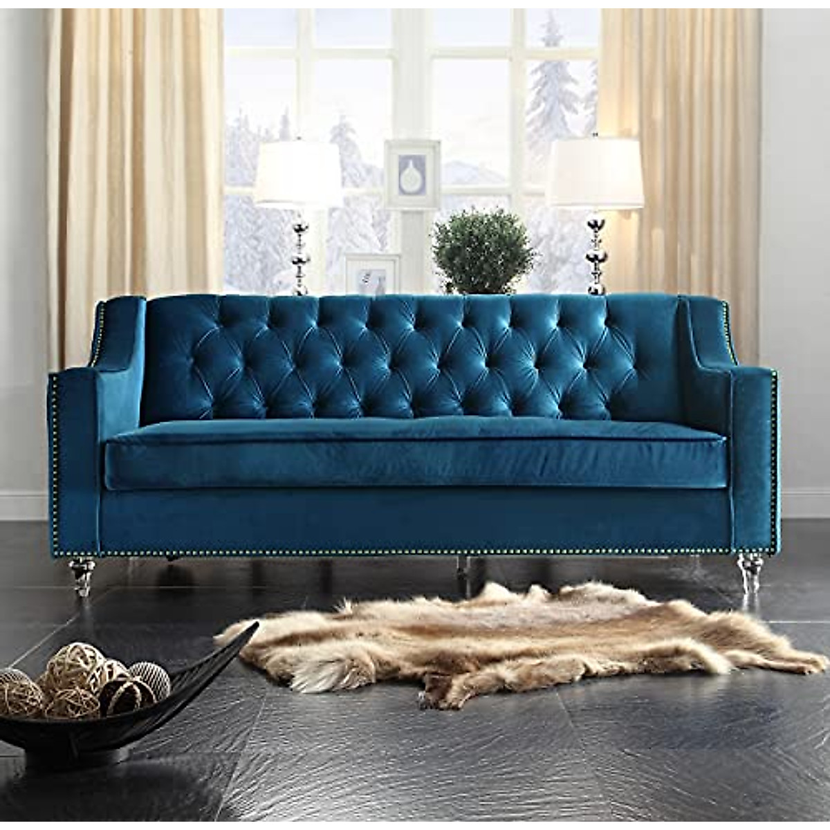 Iconic Home Dylan Velvet Modern Contemporary Button Tufted with Silver Nailhead Trim Round Acrylic Feet Sofa