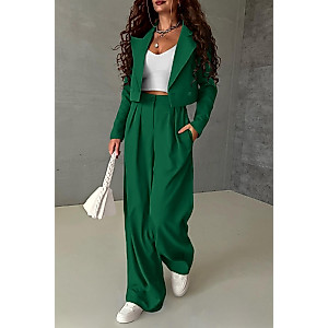 PRETTYGARDEN Women's 2 Piece Casual Outfits Cropped Blazer Jackets High Waisted Wide Leg Work Pants Suit Set (Green,Medium)