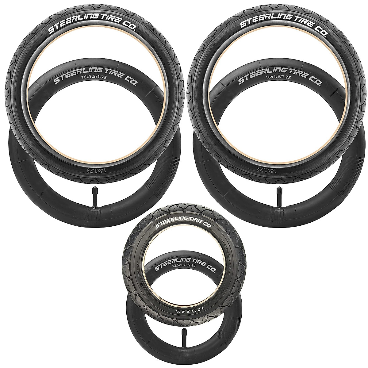 Baby Jogging Stroller Tire and Inner Tube Replacement Set - Two 16" x 1.75 Rear & One 12.5" x 2.25 Front TUBES and TIRES - Great for BOB Revolution, Alterrain & Stroller Strides! by Steerling Tire Co.