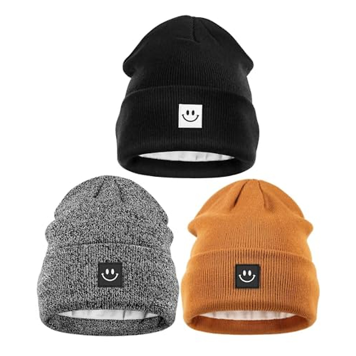 Winter Beanie Hats for Women Men 3Pack,Fleece Lined Womens Winter Hats with Smiley Face,Warm Cute Beanie for Cold Weather（Camel+Black+Black/White）